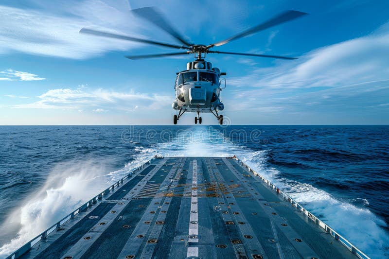 Helicopter Hovering Above a Ship S Deck with Dynamic Ocean Views Stock ...
