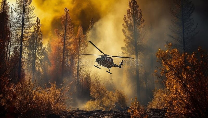 Helicopter Hovering Mid Air, Extinguishing Forest Fire with Water ...