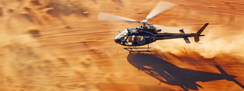 Helicopter Hovering Over Sand in Desert Landscape. Blurred Motion ...