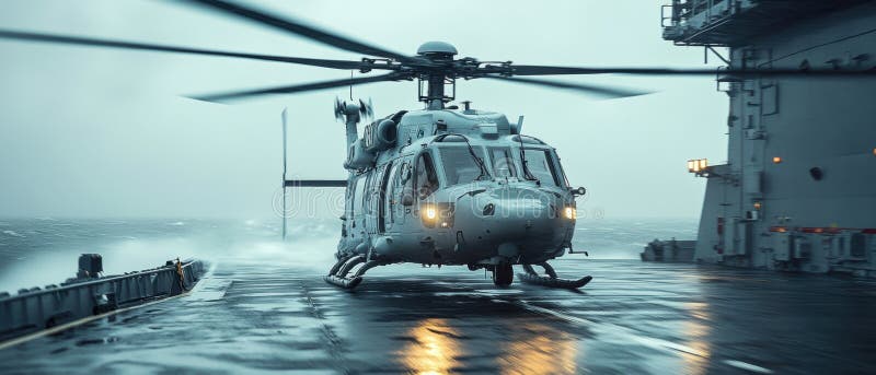Helicopter Landed on a Ship at Sea, Showcasing Maritime and Aviation ...