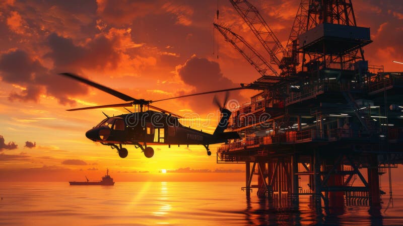Helicopter Landing on the Deck of an Oil and Gas Platform at Sunrise ... Helicopter Landing on the Deck of an Oil and Gas Platform at Sunrise ...