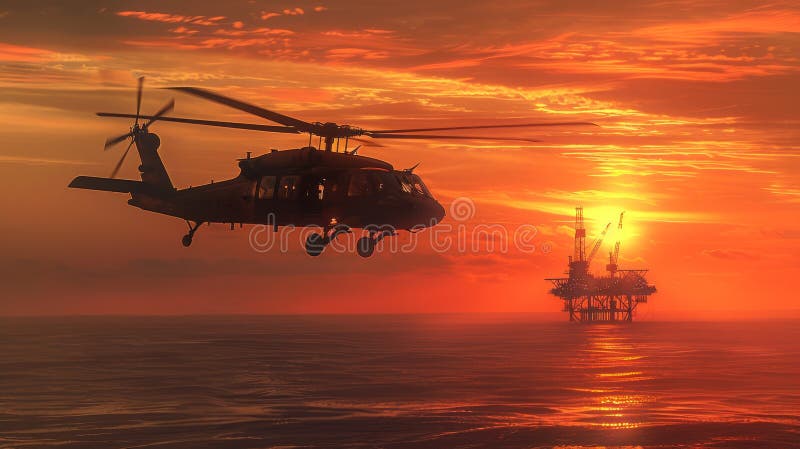 Helicopter Landing on the Deck of an Oil and Gas Platform at Sunrise ... Helicopter Landing on the Deck of an Oil and Gas Platform at Sunrise ...