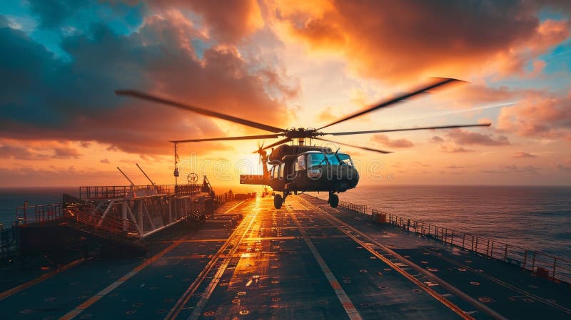 Helicopter Landing on the Deck of an Oil and Gas Platform at Sunrise ... Helicopter Landing on the Deck of an Oil and Gas Platform at Sunrise ...