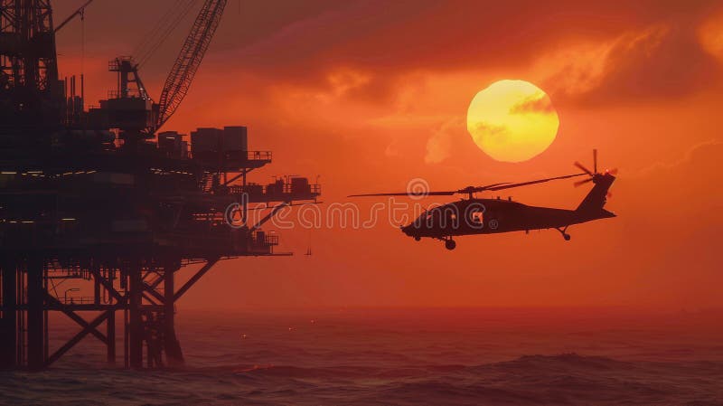 Helicopter Landing on the Deck of an Oil and Gas Platform at Sunrise ... Helicopter Landing on the Deck of an Oil and Gas Platform at Sunrise ...