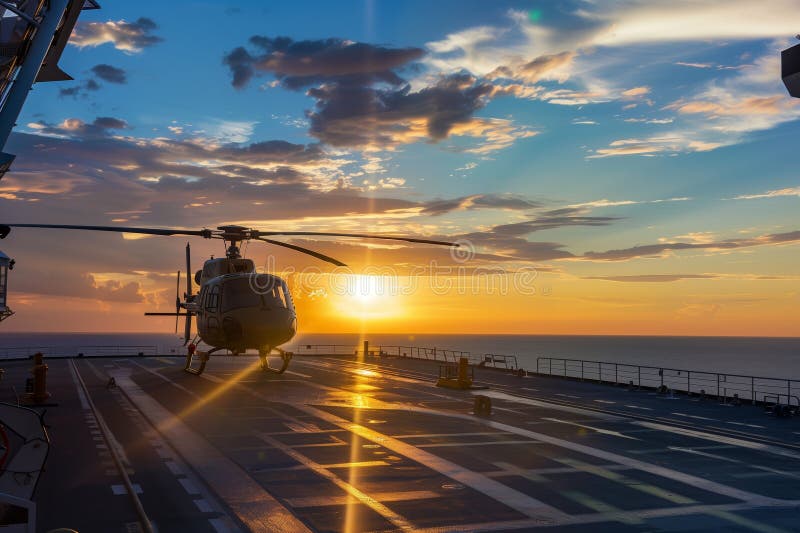 Helicopter Landing on the Deck of a Supply Vessel at Sunset Stock Image ...