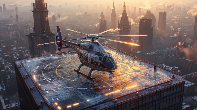 A Helicopter Landing on the Helipad of a Skyscraper. Building with a ...