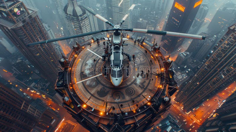 A Helicopter Landing on the Helipad of a Skyscraper. Building with a ...