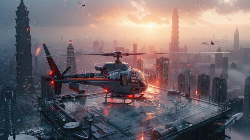 A Helicopter Landing on the Helipad of a Skyscraper. Building with a ...