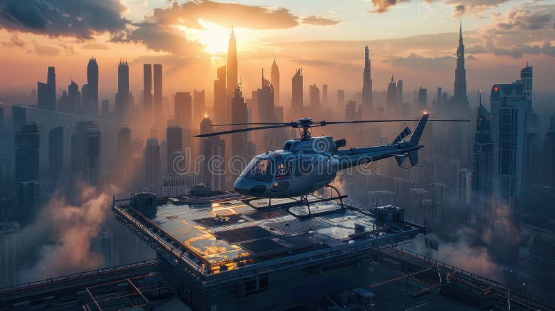 A Helicopter Landing on the Helipad of a Skyscraper. Building with a ...