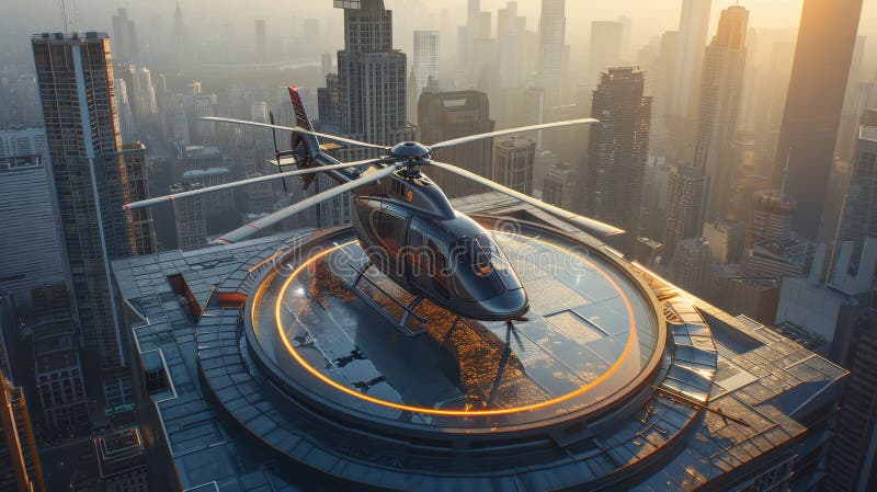 A Helicopter Landing on the Helipad of a Skyscraper. Building with a ...