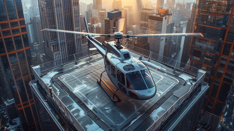 A Helicopter Landing on the Helipad of a Skyscraper. Building with a ...