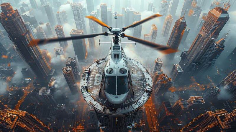 A Helicopter Landing on the Helipad of a Skyscraper. Building with a ...