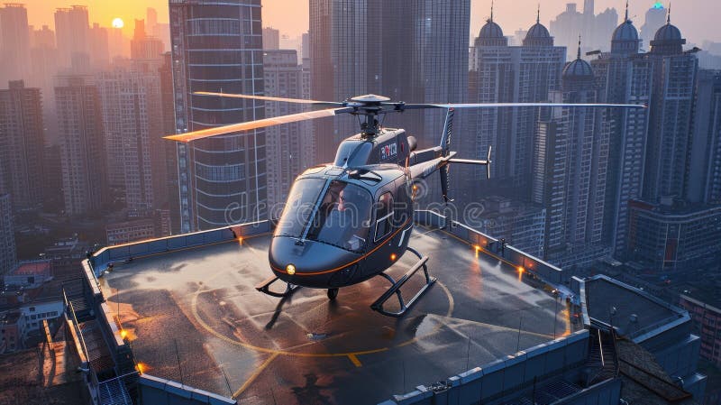 A Helicopter Landing on the Helipad of a Skyscraper. Building with a ...