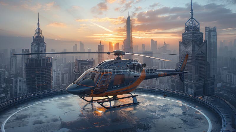 A Helicopter Landing on the Helipad of a Skyscraper. Building with a ...