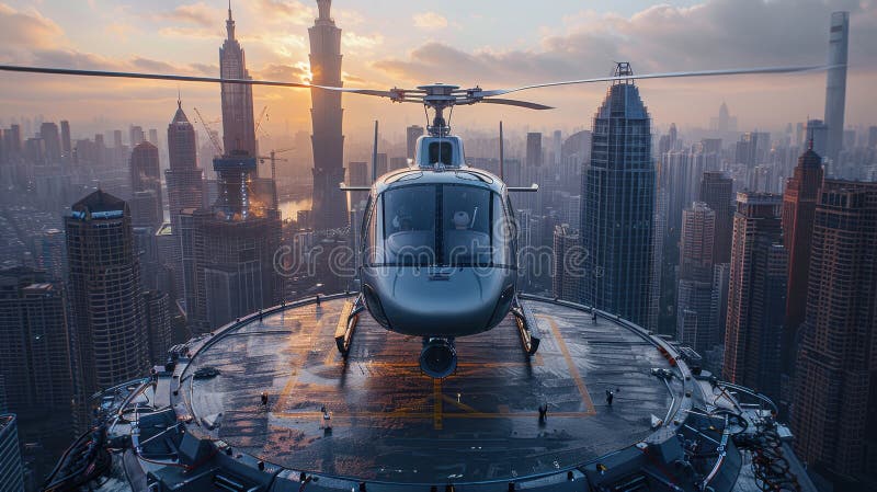 A Helicopter Landing on the Helipad of a Skyscraper. Building with a ...
