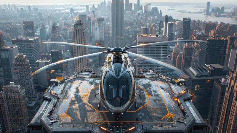 A Helicopter Landing on the Helipad of a Skyscraper. Building with a ...