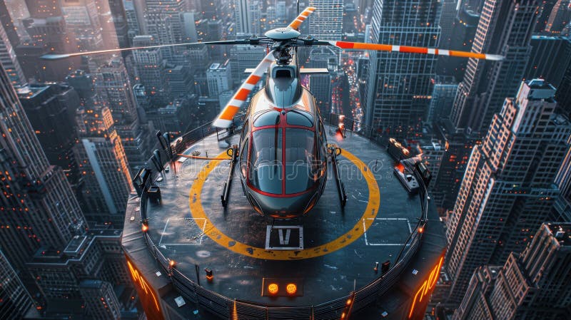 A Helicopter Landing on the Helipad of a Skyscraper. Building with a ...