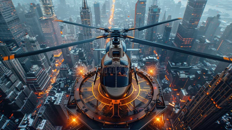 A Helicopter Landing on the Helipad of a Skyscraper. Building with a ...