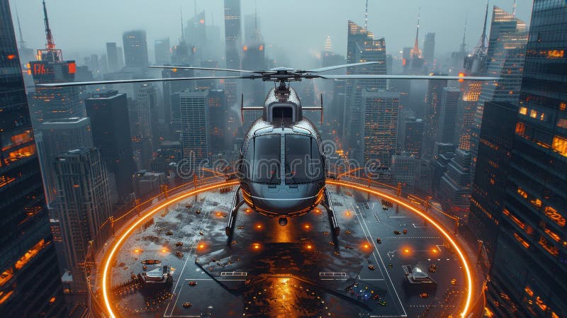A Helicopter Landing on the Helipad of a Skyscraper. Building with a ...