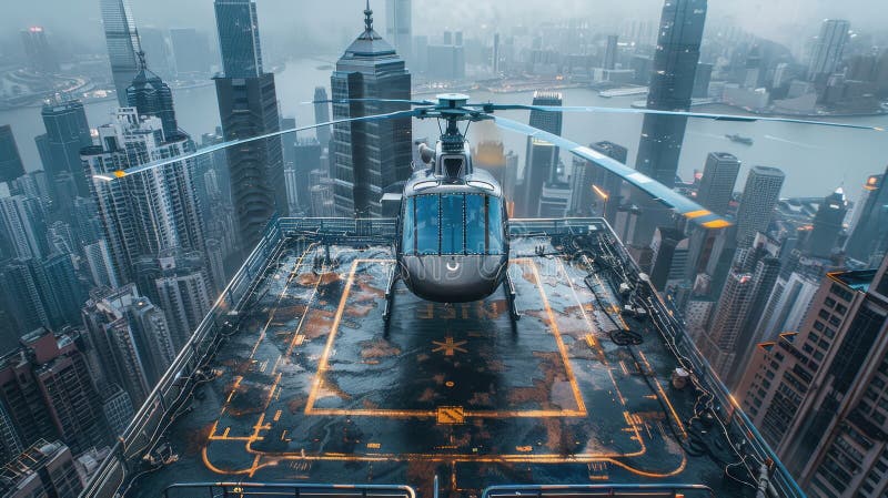 A Helicopter Landing on the Helipad of a Skyscraper. Building with a ...