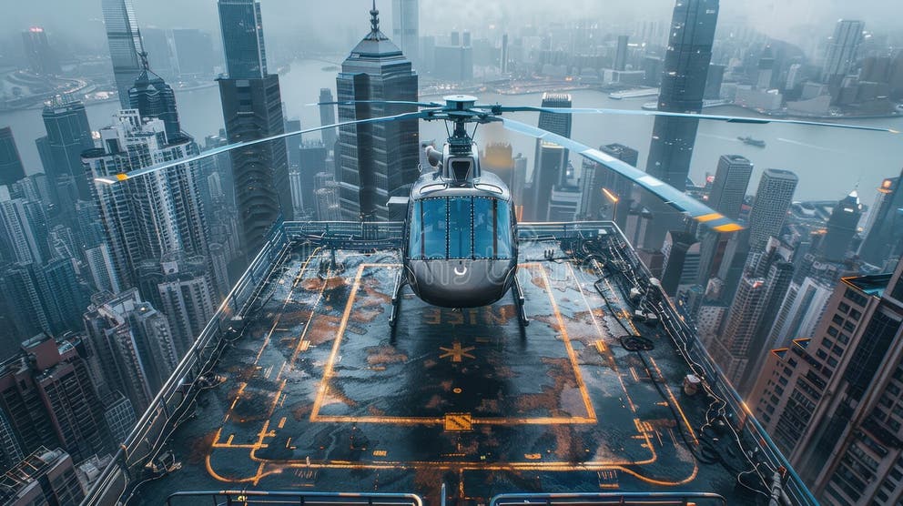 A Helicopter Landing on the Helipad of a Skyscraper. Building with a ...