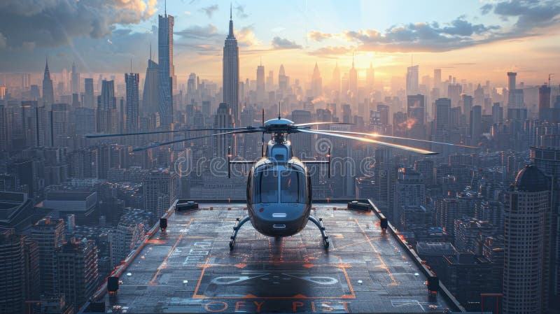 A Helicopter Landing on the Helipad of a Skyscraper. Building with a ...