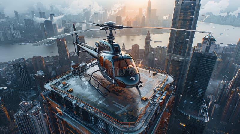 A Helicopter Landing on the Helipad of a Skyscraper. Building with a ...