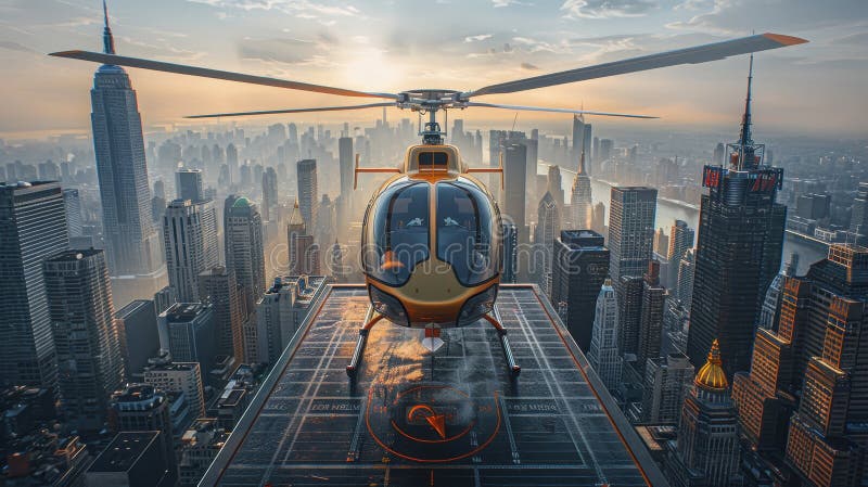 A Helicopter Landing on the Helipad of a Skyscraper. Building with a ...