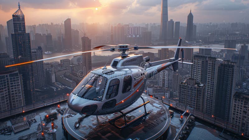 A Helicopter Landing on the Helipad of a Skyscraper. Building with a ...