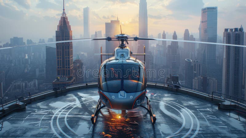 A Helicopter Landing on the Helipad of a Skyscraper. Building with a ...