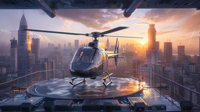 A Helicopter Landing on the Helipad of a Skyscraper. Building with a ...