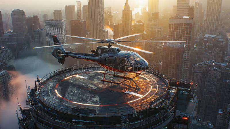 A Helicopter Landing on the Helipad of a Skyscraper. Building with a ...