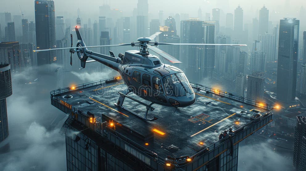 A Helicopter Landing on the Helipad of a Skyscraper. Building with a ...