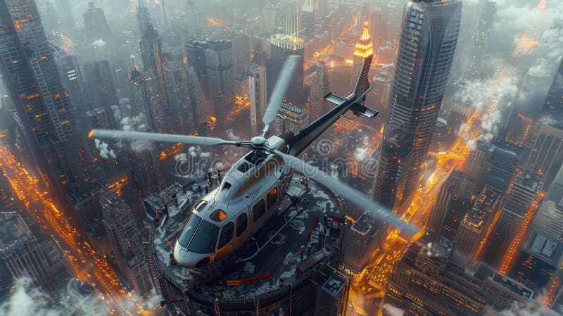 A Helicopter Landing on the Helipad of a Skyscraper. Building with a ...