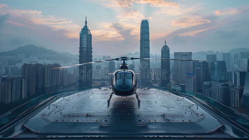 A Helicopter Landing on the Helipad of a Skyscraper. Building with a ...