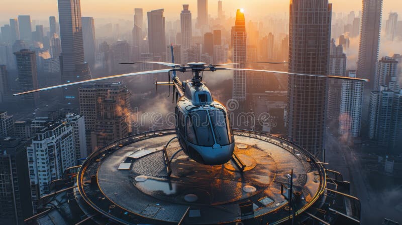 A Helicopter Landing on the Helipad of a Skyscraper. Building with a ...