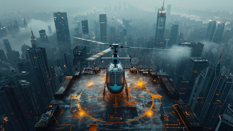 A Helicopter Landing on the Helipad of a Skyscraper. Building with a ...