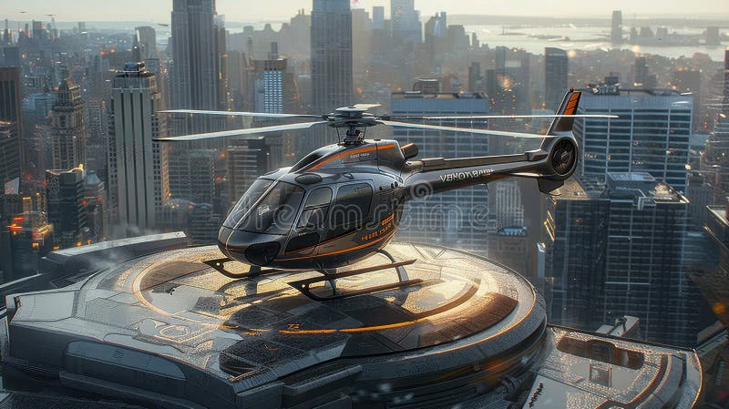 A Helicopter Landing on the Helipad of a Skyscraper. Building with a ...