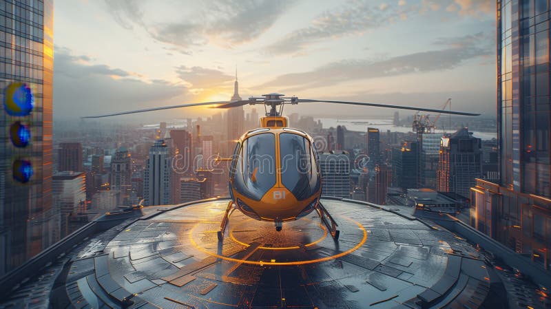 A Helicopter Landing on the Helipad of a Skyscraper. Building with a ...