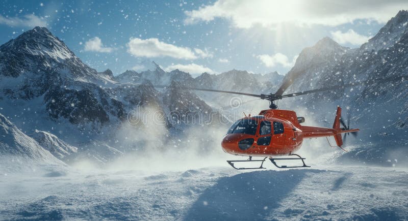 A Helicopter is Landing on a Snowy Field with Tracks in the Cold Winter ...