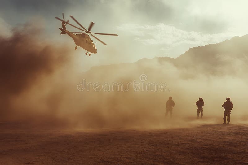 A Helicopter Lands in a Dusty Environment, with Soldiers Preparing on ...