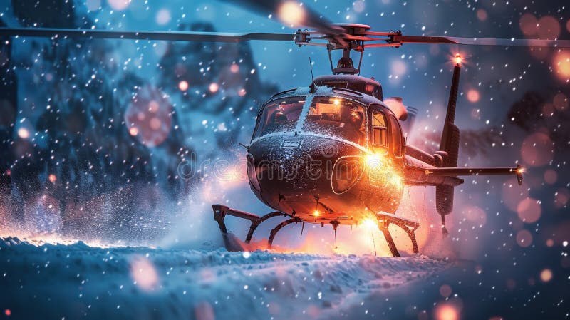 The Helicopter Lands at Sunset on the Helipad. Night Helicopter Flight ...