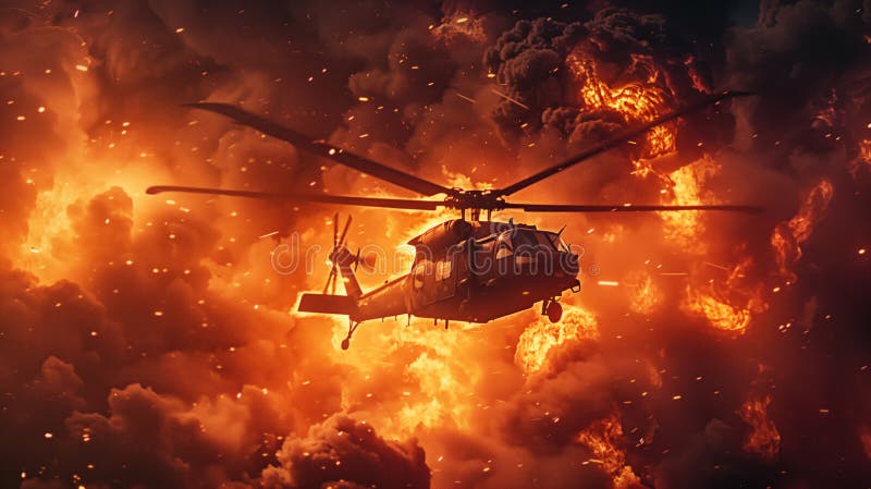 Helicopter Navigating through Intense Fire and Explosions. Stock Photo ...