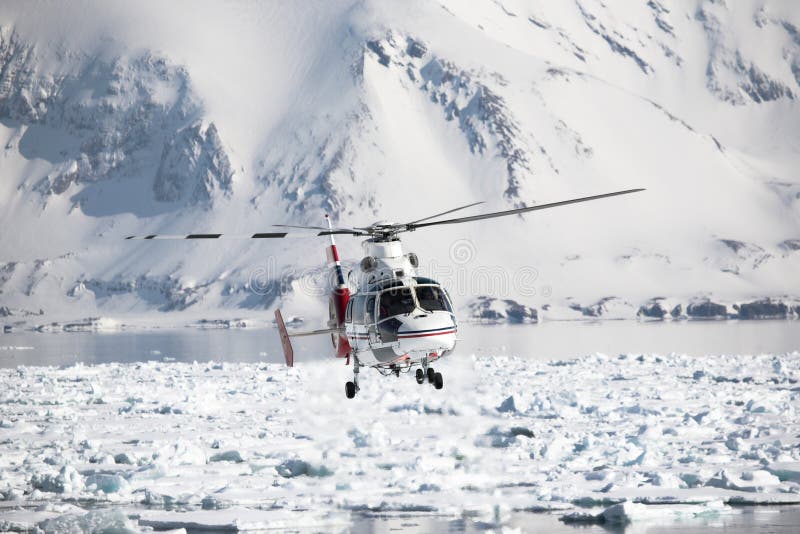 Helicopter Over the Frozen Arctic Fjord Stock Image - Image of ...