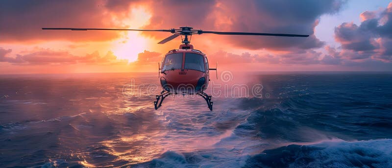 Helicopter Over Sea at Sunset: Rescue Mission. Concept Helicopter, Sea ...