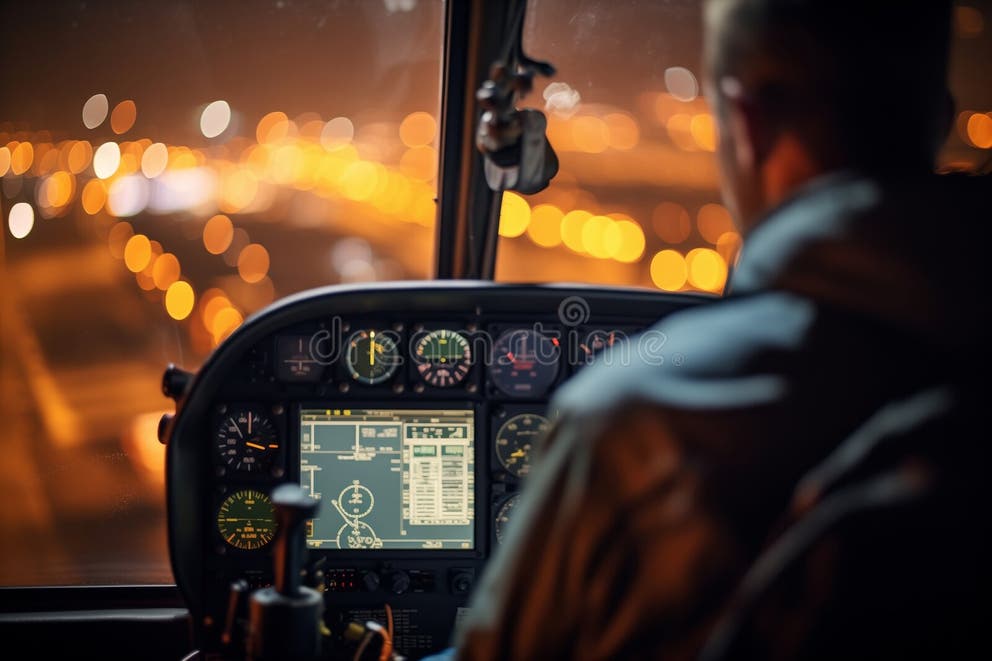 Helicopter Pilot Observing Instrument Panel at Night Stock Photo ...