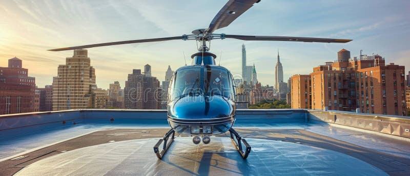 Helicopter Ready for Takeoff on Urban Rooftop Helipad Stock ...