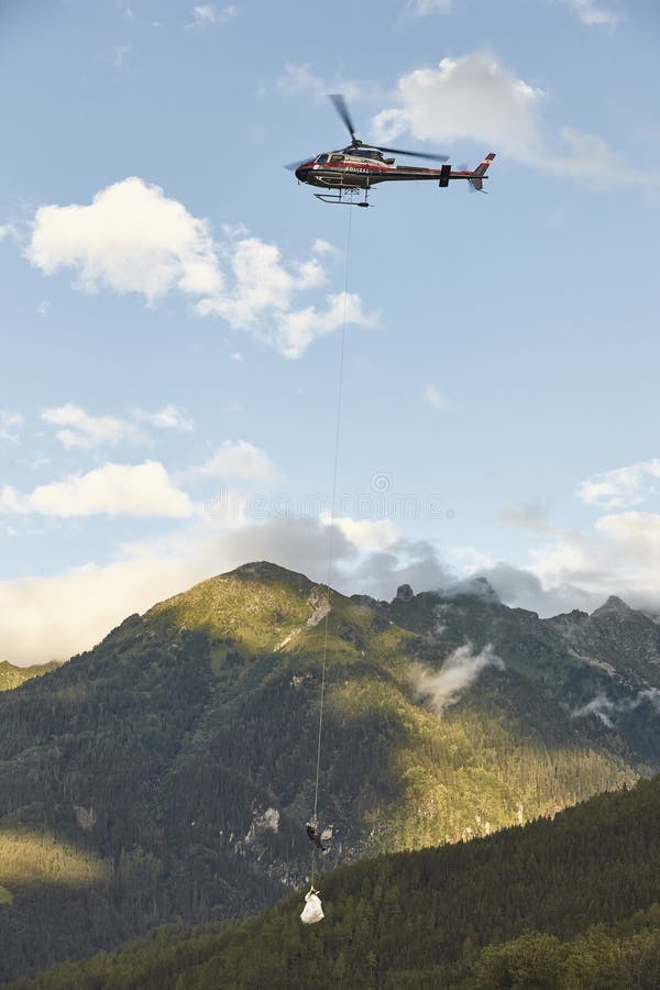 Helicopter Rescue Training Simulation in a Mountain Range Wood. Police ...