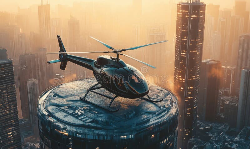 Helicopter on Rooftop Helipad Overlooking City Skyline at Sunset Stock ...
