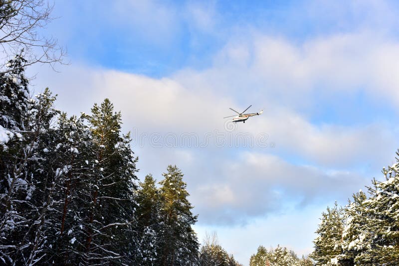 Helicopter in the Sky Flies Over the Forest during a Search Operation ...